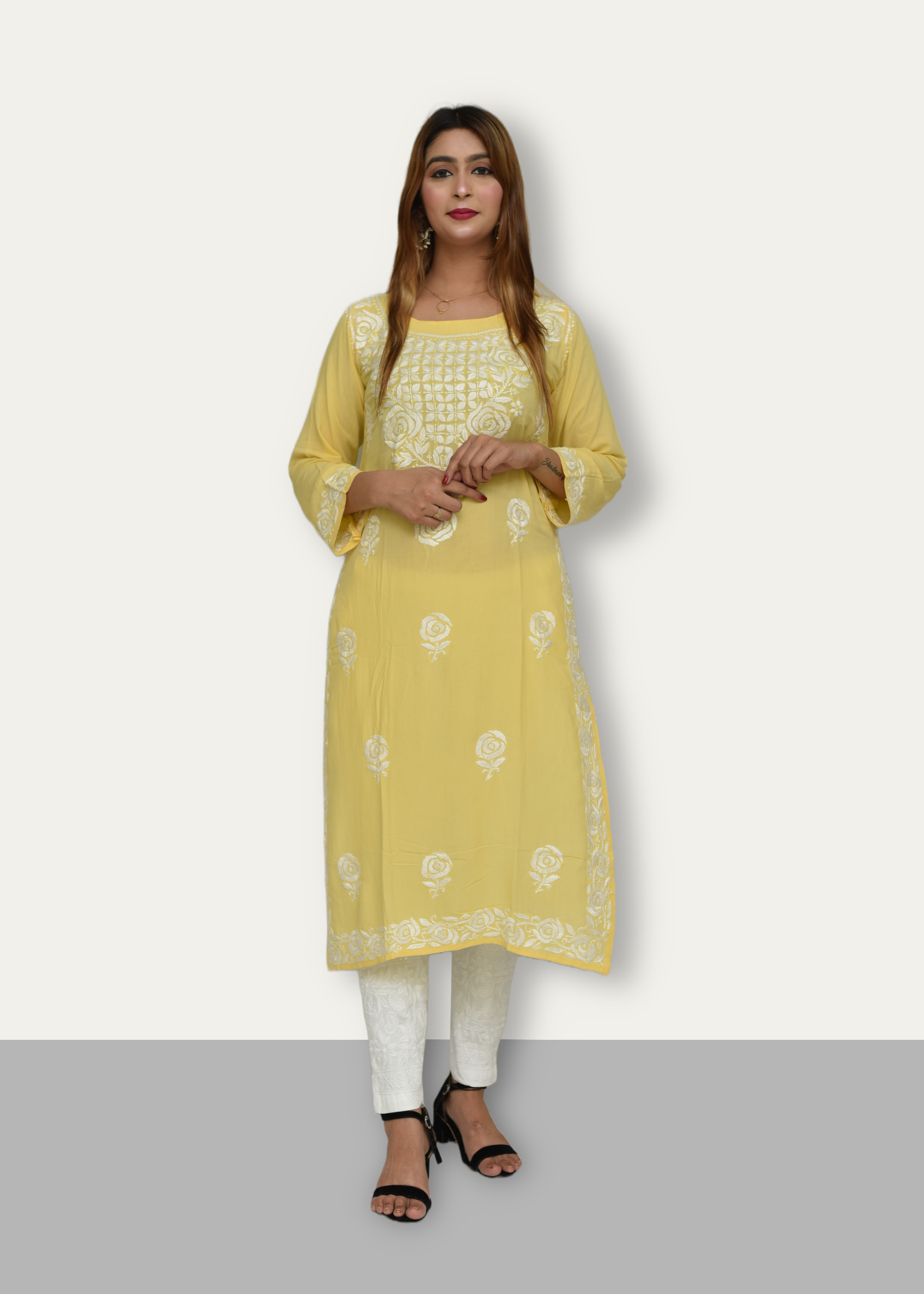 Modal Chikankari Kurta with Rose Pattern Embroidery - Soumiez